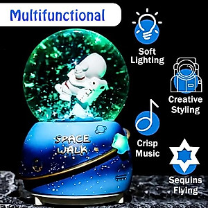Snow Globe Astronaut Christmas Snow Globes for Kids with Automatic Snow, Music, Colorful Lights (Blue)