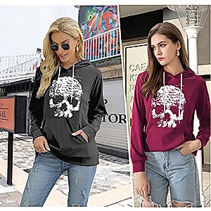 Calvin&Sally Women's Casual Lightweight Hoodies Long Sleeve Skull Graphic Tee Shirts Drawstring Pullover Hoodie Sweatshirts Tops with Pocket (Grey,XL)
