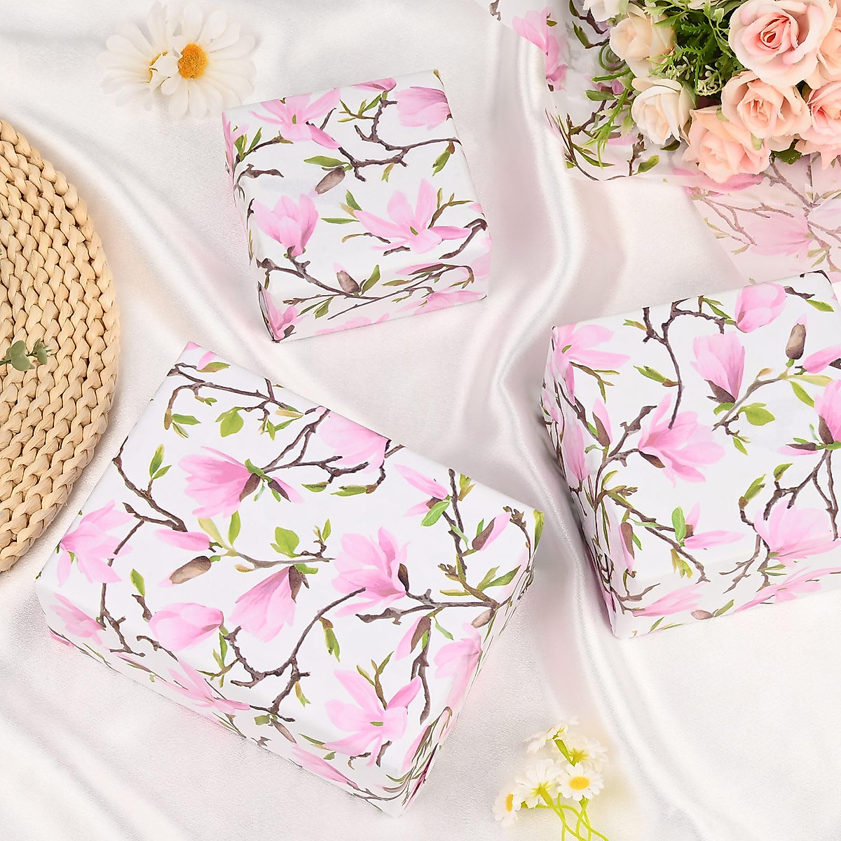 100 Sheets Pink Magnolia Flowers Printed Tissue Paper Floral Pattern and Leaves Art Decorative Tissue for Gift Wrapping Supplies