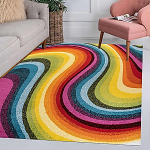 JONATHAN Y DZC100A-5 Flow Abstract Swirl Indoor Area Rug, Kids & Novelty, Modern, Coastal, Bedroom, Kitchen, Living Room, Easy-Cleaning, Non-Shedding, 5 X 8, Red/Yellow/Blue
