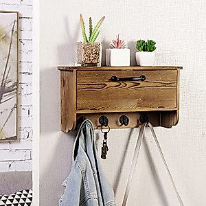 MyGift Wall Mounted Solid Burnt Wood Entryway Key Holder and Storage Cabinet Shelf Rack with Hinged Pull Down Door and 4 Hooks