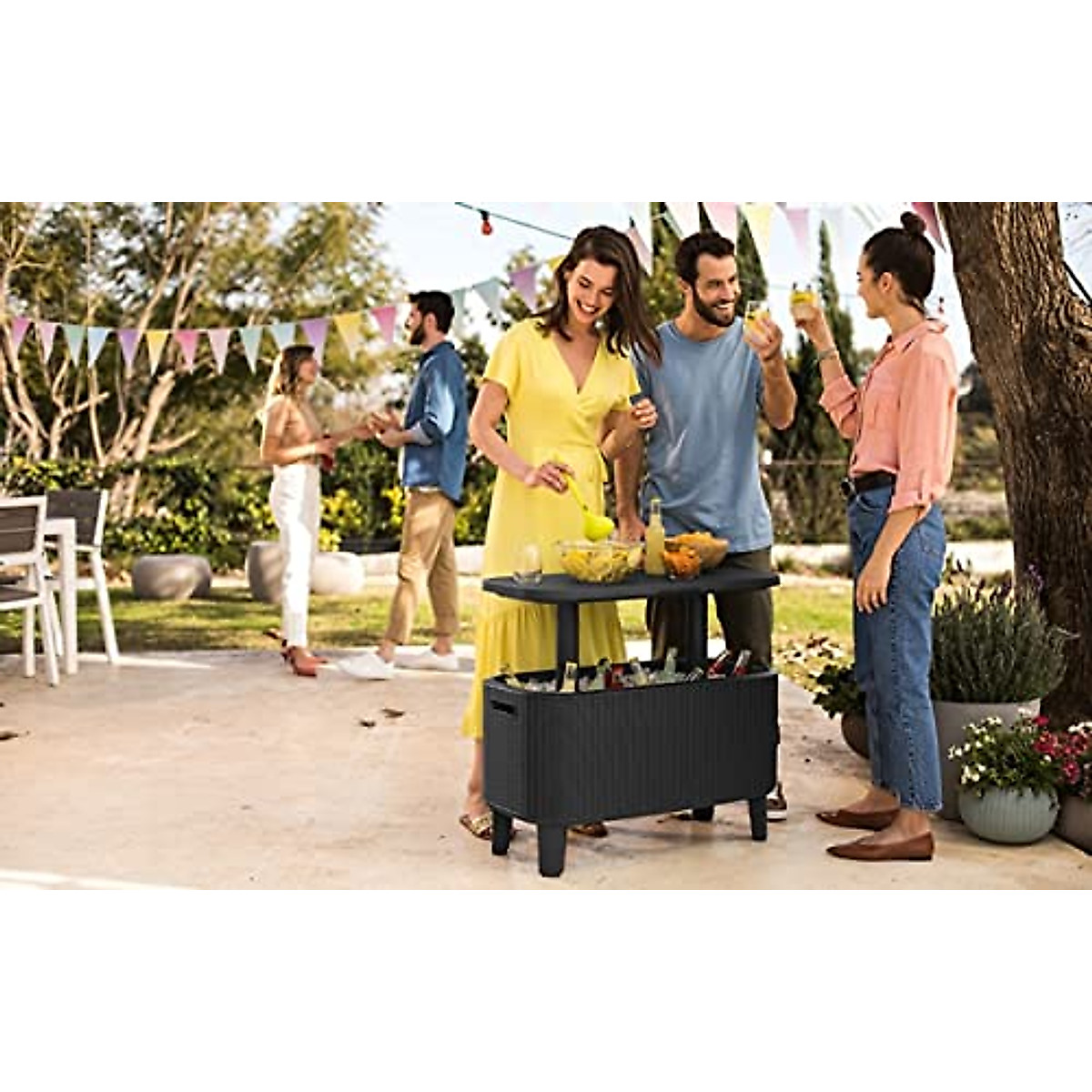 KETER Breeze Bar Outdoor Patio Furniture and Hot Tub Side Table with 14.8 Gallon Beer and Wine Cooler, Dark Grey & Teal