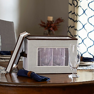 Household Essentials Natural 544 Stemware Storage Box with Lid and Handles | Champagne Glasses Canvas with Brown Trim