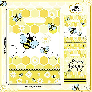 100 Pieces Bee Party Gift Bags Yellow Honey Bee Treat Bags with Handles Honey Bumble Bee Pattern Goodie Bags Plastic Candy Gift Bags for Bee Baby Shower Gender Reveal Birthday Party