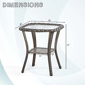Joyside 20”x20”x22” Wicker Outdoor Side Table - Patio Coffee Table with 5” Tempered Glass & Convenient Storage Shelf Ideal for Patio Furniture Set, Brown