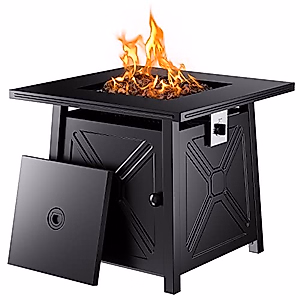 Ciays 28 Inch Gas Fire Pit Table, 50,000 BTU Propane Fire Pits for Outsides with Steel Lid and Lava Rock, 2 in 1 Square Firepit Table for Gatherings Parties on Patio Deck Garden Backyard, Black
