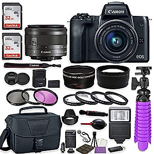 Canon EOS M50 Mirrorless Digital Camera (Black) Premium Accessory Bundle with EF-M 15-45mm is STM Lens (Graphite) + Gadget Case + 64GB Memory + HD Filters + Auxiliary Lenses
