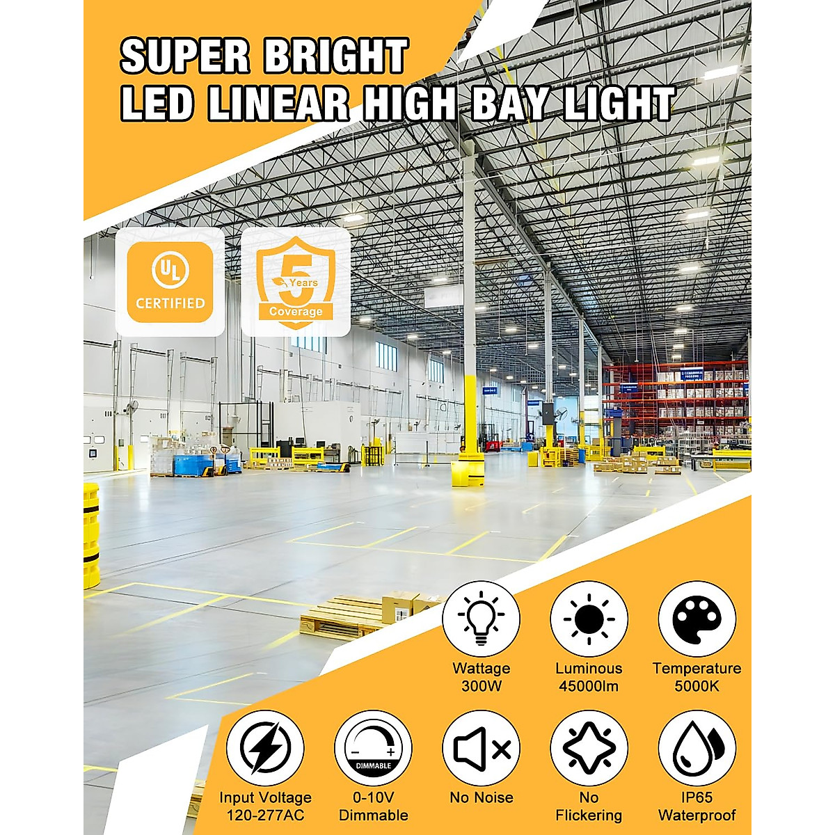 JC-LGL 300W LED Linear High Bay Light with PIR Sensor，LED High Bay Shop Lights Fixture, Compatible with Industrial 120-277V, LED Linear High Bay Light for Shop Garage Warehouse