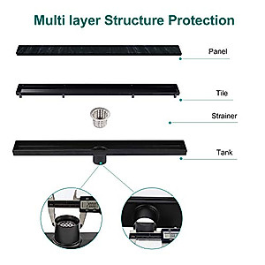 BARONAGE 24-Inch Linear Shower Drain, with 2-in-1 Flat & Tile, Insert Cover Black Brushed 304 Stainless Steel Rectangle Shower Floor Drain Adjustable