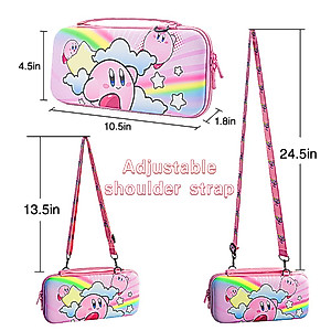 NocksyDecal Cute Kirby Carrying Case Compatible with Nintendo Switch & OLED Mode, Pink Portable Travel Case with Shoulder Strap for Switch, Hard Switch Accessories Carry Case for Girls