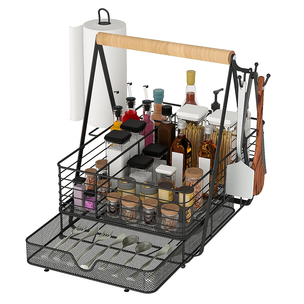 Grill Caddy for Outdoor Grill, Picnic Caddy and Grill Utensil Caddy, Condiment Caddy, BBQ Caddy with Drawer, Adjustable Compartment Storage, Quick Assemble Grill Accessories Storage