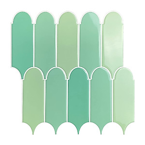FARONZE Peel and Stick Mosaic Sticker Kitchen Backsplash Tiles, Bathroom Wall Sticker 12" x 12" Green Arch Shape Design (Light Green Mixed)