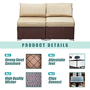 PHIKOOVA Wicker Outdoor Sectional Sofa Set Patio Garden Armless Sofa Chair with Washable Zippered Cushions for Porch Poolside Balcony(Beige)