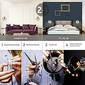 Globe Electric 51577 1-Light Plug-in or Hardwire Wall Sconce, Matte Brass, White Fabric Cord, in-Line On/Off Rocker Switch, Wall Lights for Bedroom Plug in, Kitchen Sconces Wall Lighting