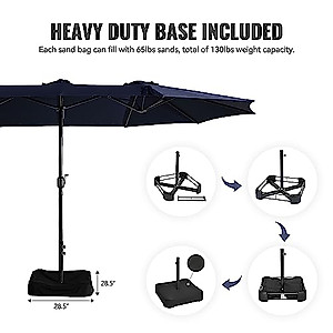 MONDAWE 15ft Double Sided Patio Umbrella with Solar Lights (Base Included) Large Outdoor Table Umbrella Rectangular Market Umbrella with Hand Crank 36 LED 12 Ribs for Outside Backyard Poolside