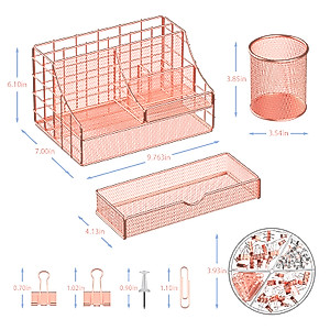 Rose Gold Desk Organizer and Accessories, Large Office Supplies Desk Organizer Caddy with Pen Holder, 6 Compartments + 72 Clips Set, Mesh Desktop Organizer with Drawer for Women, Office, School