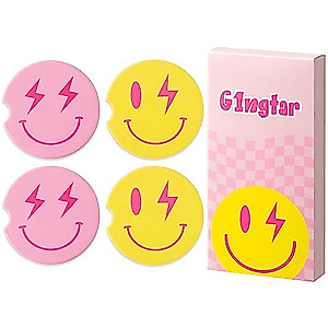 G1ngtar 4Pcs Preppy Car Coasters with Finger Notch Aesthetic Lightning Bolt Face Shaped Absorbent Ceramics Heat Resistant Anti Slip Cork Base Car Drinks Coasters Auto Accessories for College Students