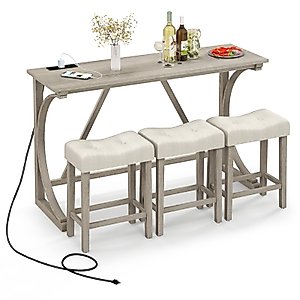 COSTWAY 4-Piece Farmhouse Bar Table Set with Power Outlet, Counter Height Dining Table Set w/ 3 Upholstered Stools, Wood Console Table Set Bistro Table Set for Kitchen, Dining Room, Living Room