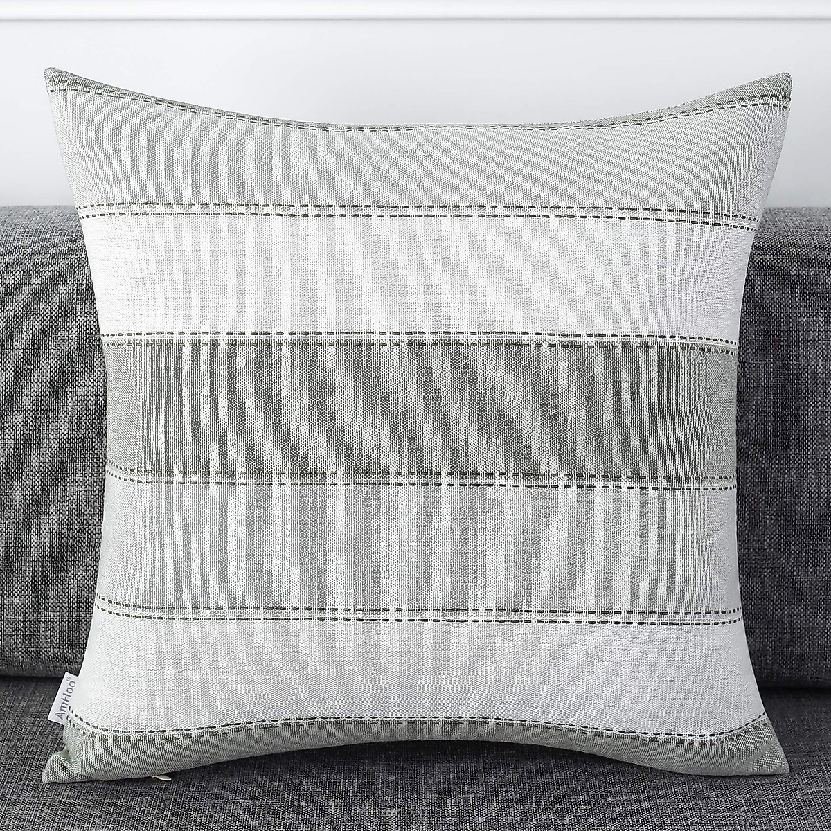 AmHoo Pack of 2 Farmhouse Stripe Check Throw Pillow Covers Set Case Cotton Linen Decorative Pillowcases Cushion Cover for Couch Bench Sofa 20x20Inch Light Grey Beige