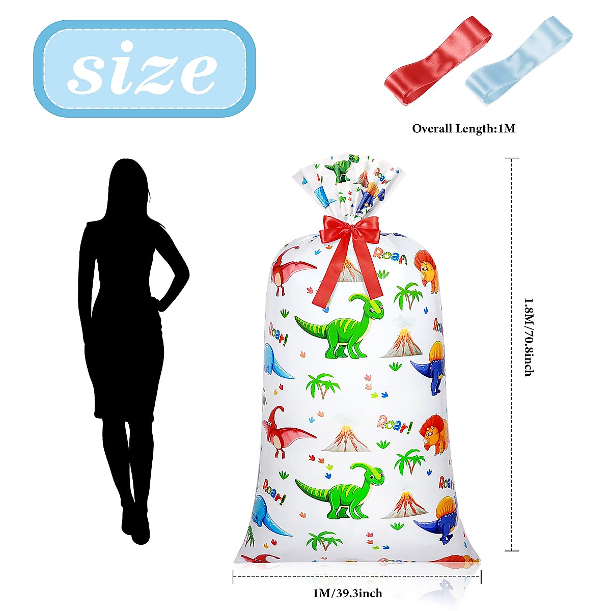 Teling 2 Pcs 70 x 40 Extra Large Jumbo Gift Bag for Giant Gifts, Extra Big Plastic Present Bag for Huge Gifts Wrapping Bags with 2 Rolls Ribbons for Birthday Party(Dinosaur Style)