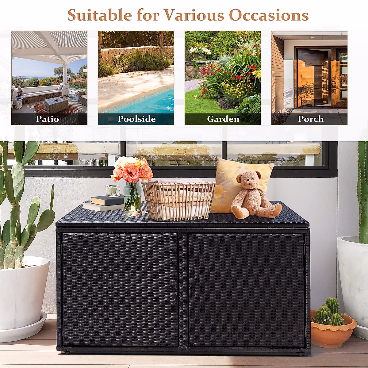 HAPPYGRILL Deck Box Outdoor Wicker Storage Box Cabinet, 88 Gallon Patio Rattan Storage Container Bin Box for Furniture Tools in Garden Balcony Porch Yard