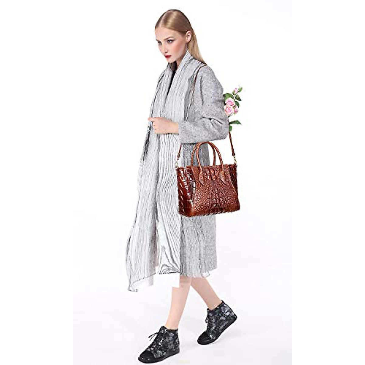 PIJUSHI Designer Crocodile Handbags for Women Genuine Leather Purses Top Handle Shoulder Bag (6082 Brown)