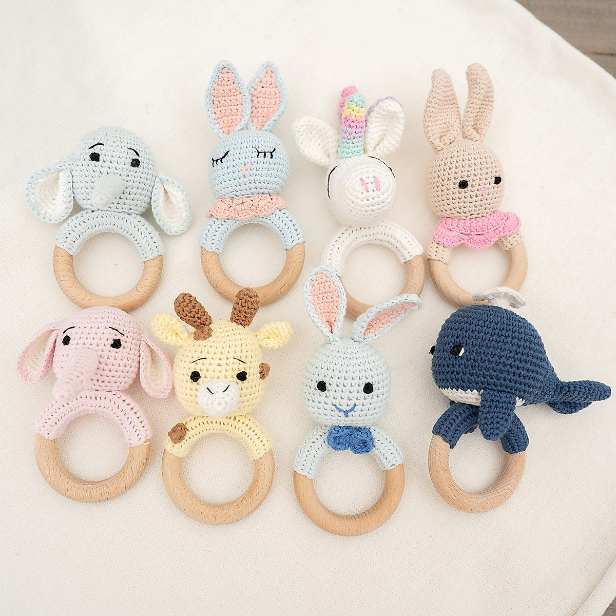 KawaiOnO Handmade Cotton Crochet Amigurumi Rattler, Educational Baby Rattle for Teething Infants, Ideal Baby Boy Stuff, Unique Baby Stuff for New Moms, Crochet Cream Bunny Rattle Design