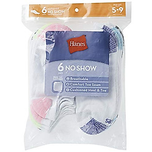 Hanes womens Plush Comfort Toe Seam No Show Socks, 6-pair Pack fashion liner socks, White With Color Heel & Toe, Shoe Size 5-9 US