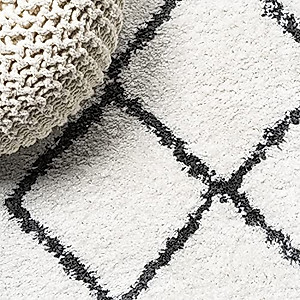 JONATHAN Y MOH410A-8 Cami Moroccan Style Diamond Shag Indoor Area-Rug Bohemian Contemporary Geometric Easy-Cleaning Bedroom Kitchen Living Room Non Shedding, 8 X 10, White/Black