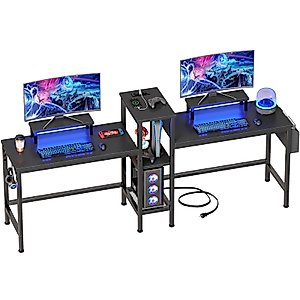 Furologee 2 Person Gaming Desk with LED Lights, 71 Inch Computer Desk with Power Outlets and Monitor Stand, Double Desk with Storage Bag and Headphone Hooks, Study Writing Table for Home Office, Black
