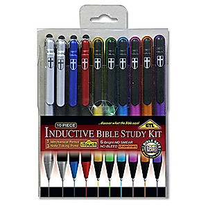 G.T. Luscombe Company, Inc. 10 Piece Inductive Bible Study Pen/Pencil Set | No Smearing or Fading | Cross Imprint | No Bleed Pigmented Ink Black, Blue, Red, Yellow, Green, Pink, Orange, Violet