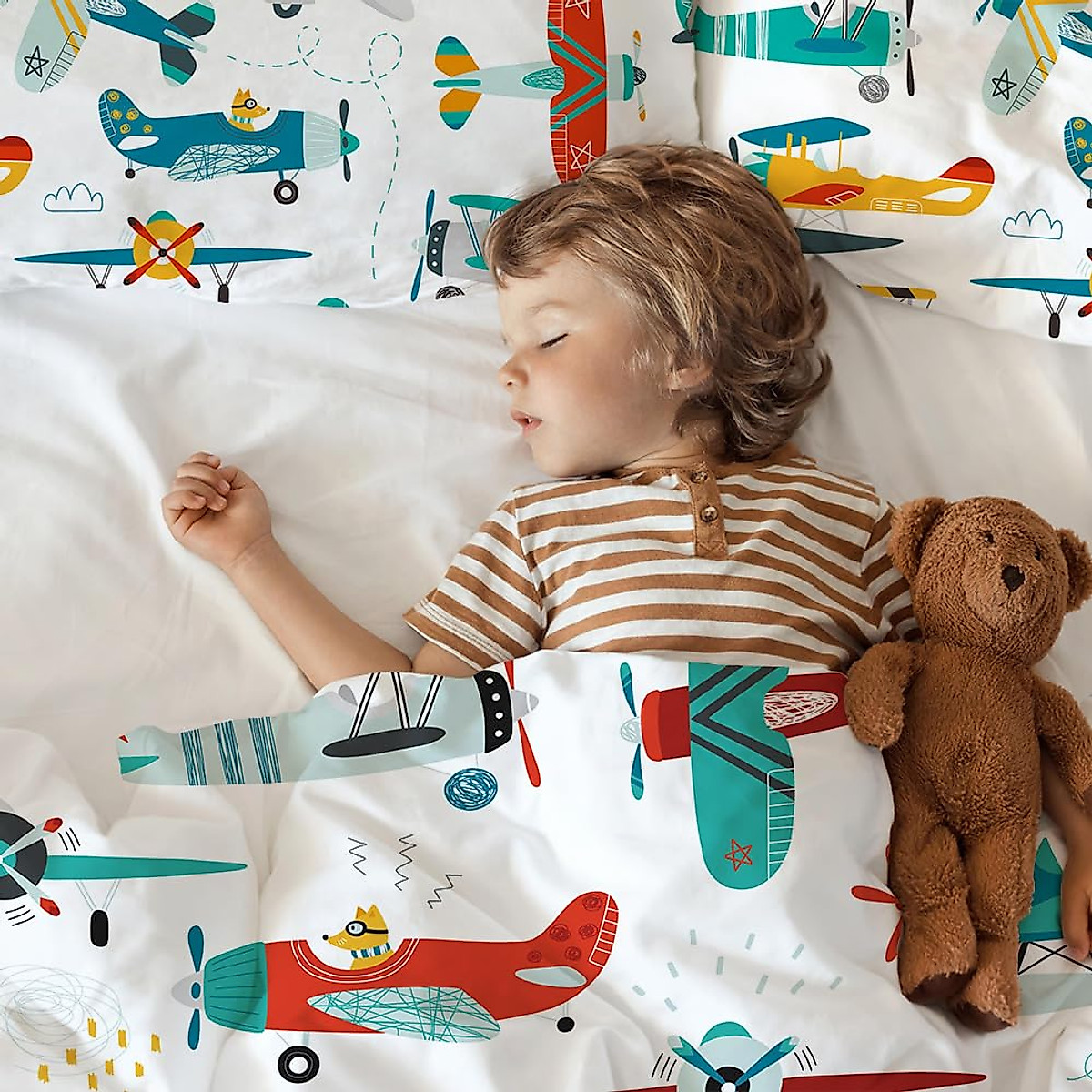 Yasida Kids Airplane Comforter Set Twin Size Colorful Cartoon Propeller Plane Bedding Set Kids Boys Bedding Sets Twin Teens Cartoon Airplanes Down Comforter Aviation Theme Duvet Bedroom Decor