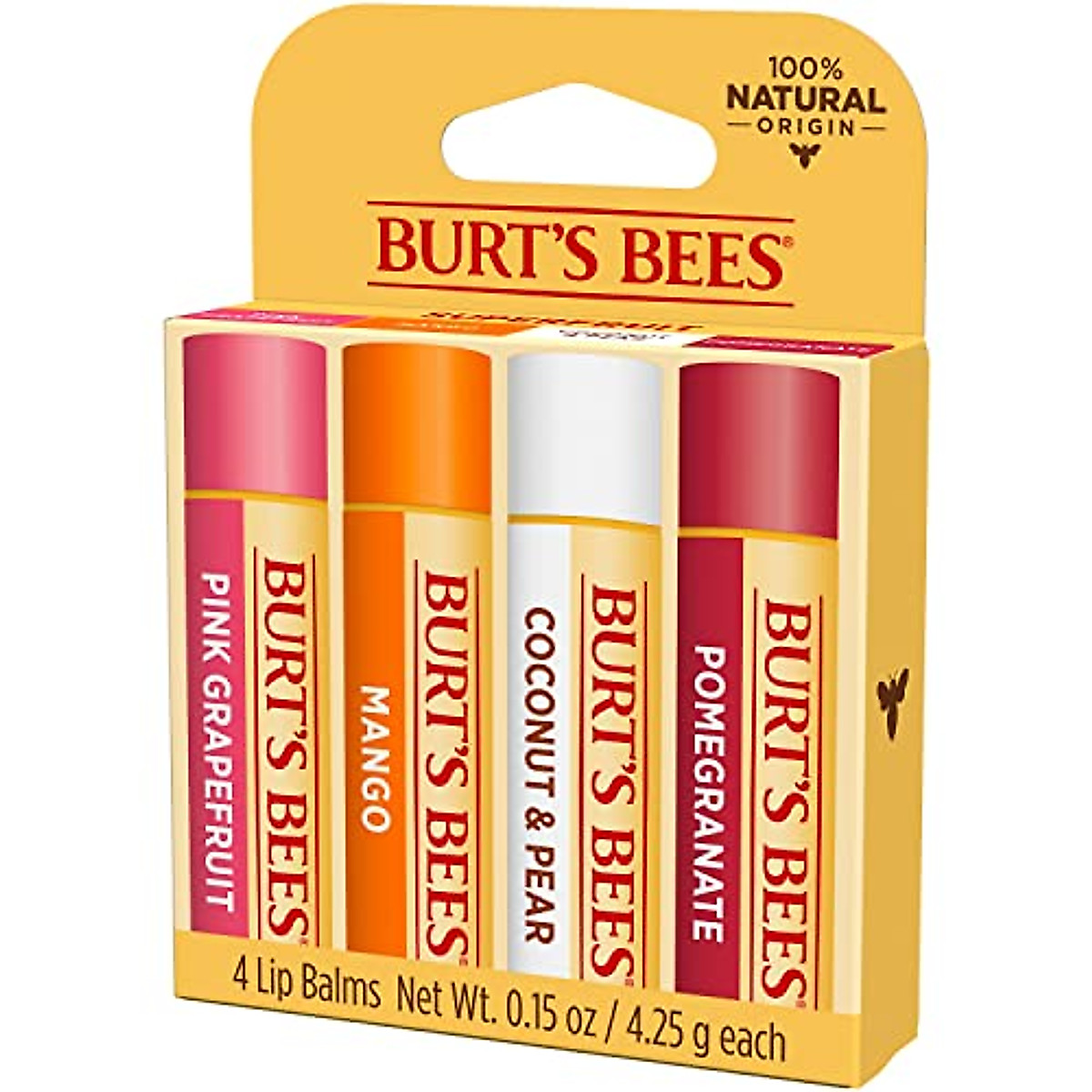 Burt's Bees Lip Balm Easter Basket Stuffers, Moisturizing Lip Care Spring Gift, for All Day Hydration, 100% Natural, SuperFruit - Pomegranate, Coconut & Pear, Mango, Pink Grapefruit (4 Pack)
