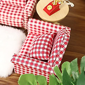 Dollhouse Couch with Pillow 1 12 Scale Miniature Sofa Arm Chair Living Room Furniture Wooden Fabric Frame Single Reading Chair Artificial House Room Scene Decoration (Plaid)