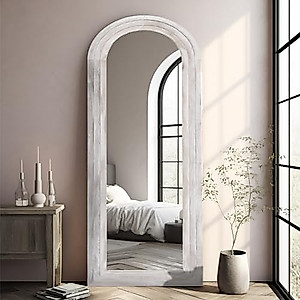 ZHUNFA Arched Full Length Mirror with Solid Wood Frame, 65x22 Farmhouse Wall Mirror Full Length with Stand, Rustic White
