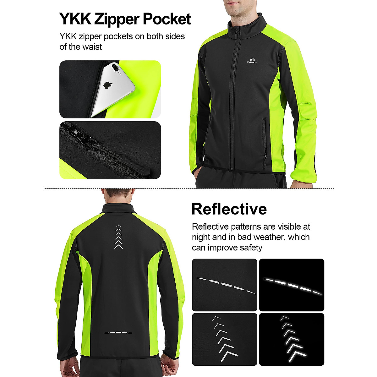 INBIKE Cycling Jacket for Men Running Biking Jackets Mens Windbreaker Reflective Windproof Fleece Lined Cold Weather Black Green Large