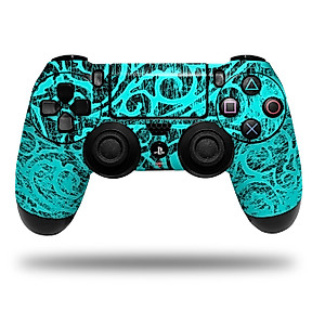 WraptorSkinz Vinyl Decal Skin Compatible with Sony PS4 Controller PlayStation 4 Original Slim and Pro Folder Doodles Neon Teal (Controller NOT Included)