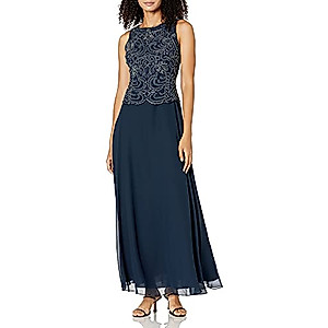 J Kara Women's Sleeveless Scallop Long Beaded Dress W/Scarf, Navy/Grey, 12