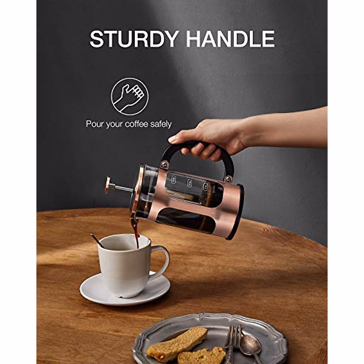 BAYKA French Press Coffee Tea Maker, 304 Stainless Steel Coffee Press, Heat Resistant Thickened Borosilicate Glass, 21 Ounce, Copper