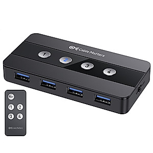 Cable Matters 4 Port USB 3.0 Switch USB Sharing Switch for 4 Computers and USB Peripherals - Button or Wireless Remote Control Switching - Includes a USB-C Adapter for USB-C USB4 and Thunderbolt 4