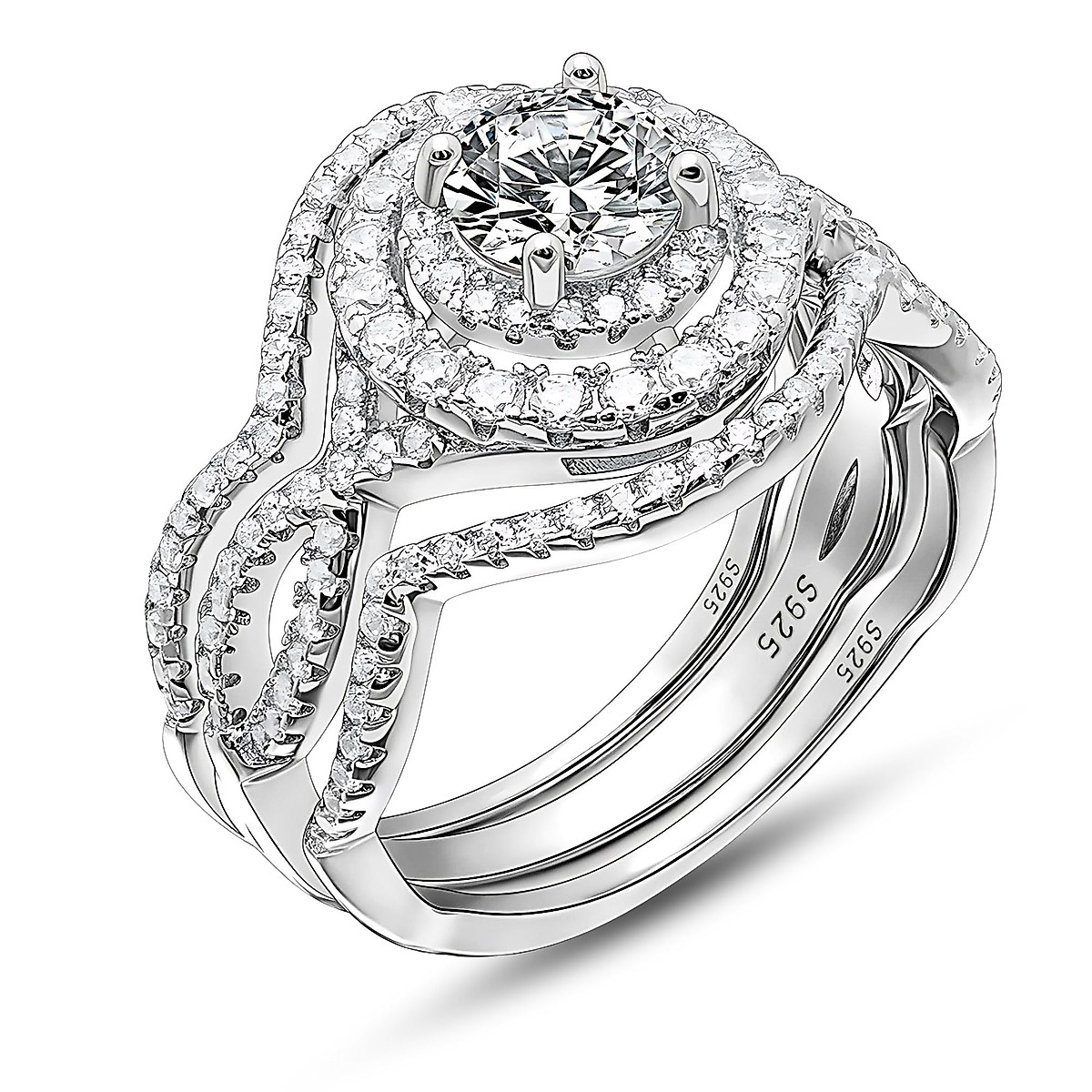 Halo Wedding Ring Set for Women by Ginger Lyne |3 Ring Bridal Set | Sterling Silver Engagement Ring Two Matching Anniversary Bands | Cubic Zirconia Promise Rings for Her