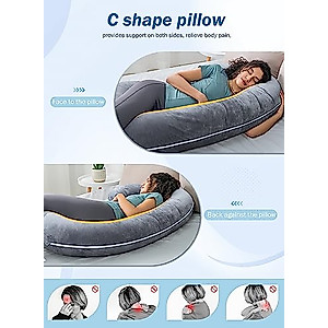 INSEN Pregnancy Pillows, C Shaped Pillows for Sleeping Support, Maternity Body Pillow Pregnant Women with Removable Velvet Cover, Gray, 58 Inch