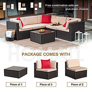 Homall 6 Pieces Furniture Outdoor Sectional Sofa All Weather PE Rattan Patio Conversation Set Manual Wicker Couch with Cushions and Glass Table, Beige