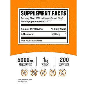 BulkSupplements.com L-Glutamine Powder - Glutamine Supplement, L-Glutamine 5000mg, L Glutamine Powder - Unflavored & Gluten Free, 5000mg per Serving, 1kg (2.2 lbs) (Pack of 1)