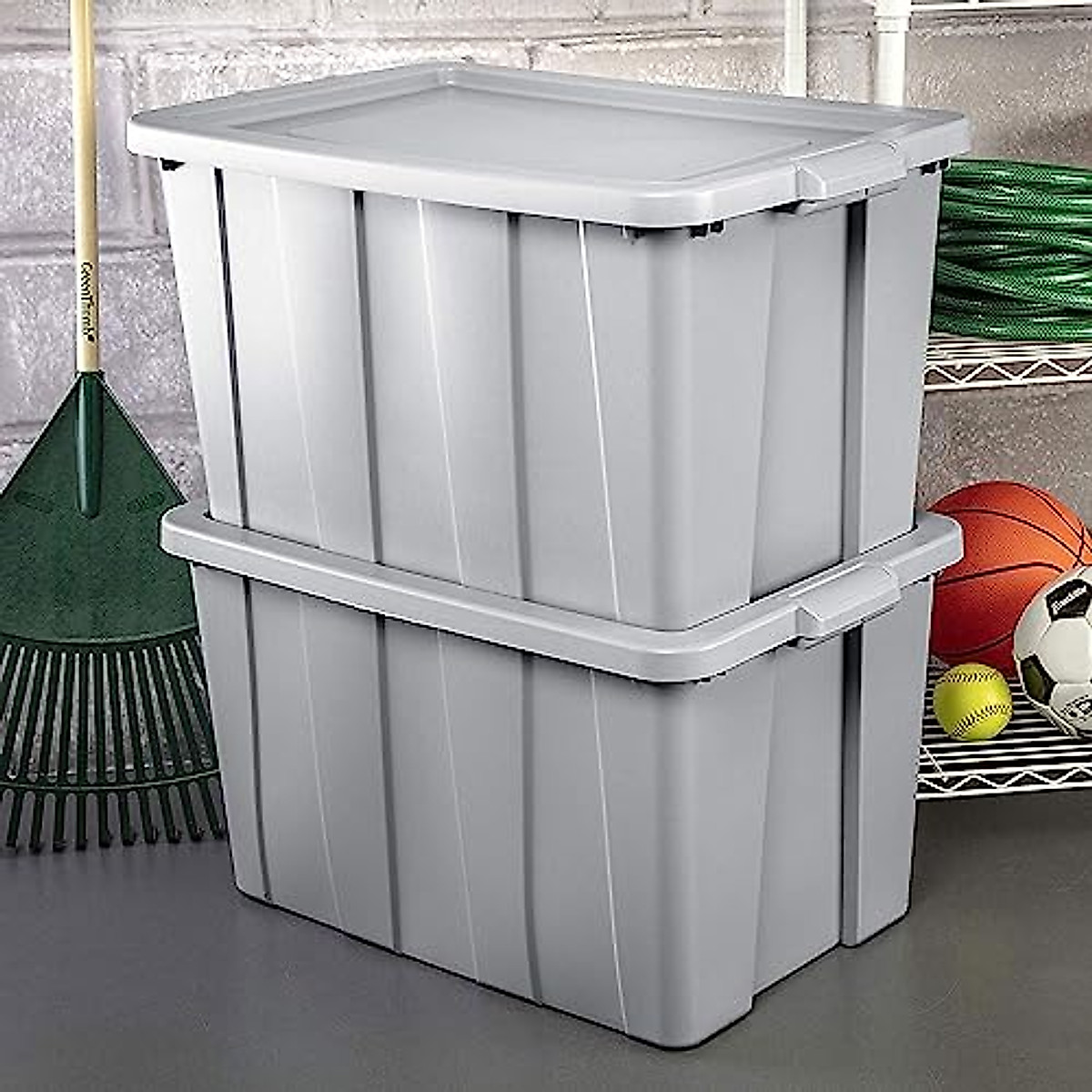 Sterilite Tuff1 30 Gallon Plastic Stackable Temperature and Impact Resilient Basement/Garage/Attic Storage Tote Container Bin with Lid, Gray (16 Pack)