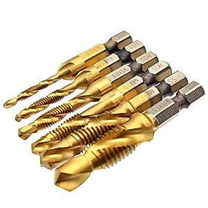 Riyiter 7 Pcs 1/4 Inch Metric Thread Tap M3-M10 HSS Spiral Hex Shank Combination Drill Screw Tap Bit Set with Automatic Spring Loaded Center Punch Tool