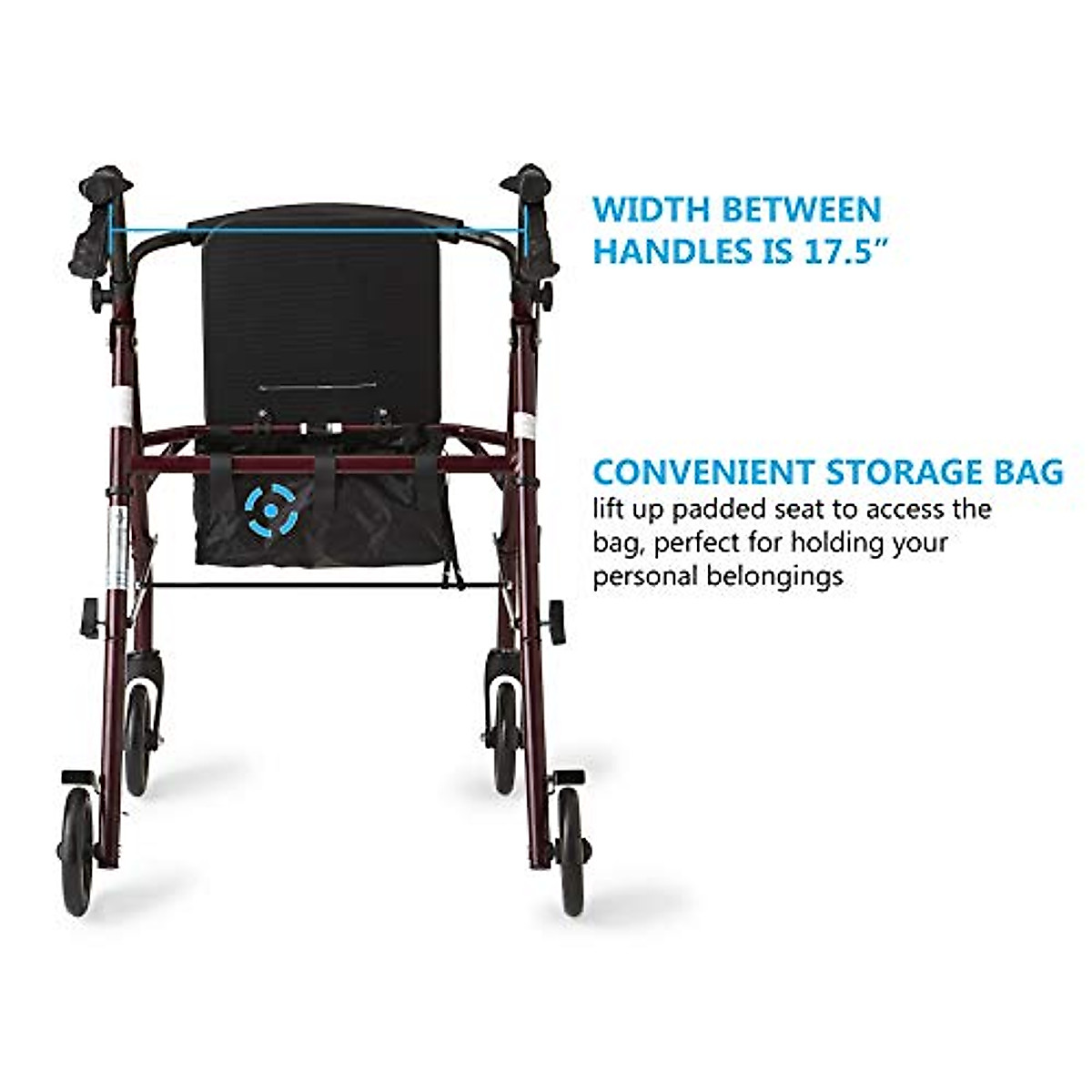 Medline Rollator Walker with Seat, Steel Rolling Walker with 6-inch Wheels Supports up to 350 lbs, Medical Walker, Burgundy