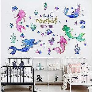Yovkky Baby Girls Mermaid Wall Decals Stickers, Under The Sea Ocean Creatures Fish Conch Bubble Glitter Nursery Kids Room Crib Decor, A Little Mermaid Sleeps Here Home Decorations Bedroom Art