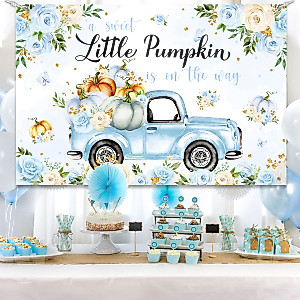 Little Pumpkin Baby Shower Decoration Backdrop for Boy A Sweet Little Pumpkin is On The Way Fall Blue Floral Truck Photography Background It's a Boy Party Decor Banner 5x3ft