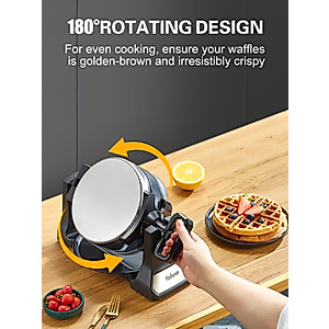 Belgian Waffle Maker, Classic Rotating Waffle Iron with Nonstick Plates, Removable Drip Tray and Cool Touch Handles, Double Flip Waffle, Rotating Belgium Waflera Maker by Yabano, Brushed Stainless